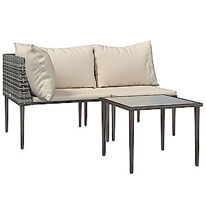 GuyAna 3 Piece Patio Set with Cushions Outdoor Furniture Sets Conversation Sets Patio Furniture Dining Patio Furniture Set Patio Sets Gray Poly Rattan