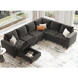 Belffin Velvet Modular Sectional Sofa with Storage Ottoman 6 Seater L Shaped Sectional Modular Sofa Couch with Reversible Chaise Convertible Corner Sectional Couch Grey