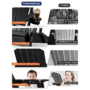 POWERWOOD Folding Adirondack Chair Wood Texture, HDPE Higher Back Plastic Adirondack Chairs with Cup Holder, Weather Resistant Composite Chair for Outdoor, Patio, Lawn, Garden, Fire Pit Chairs (Black)