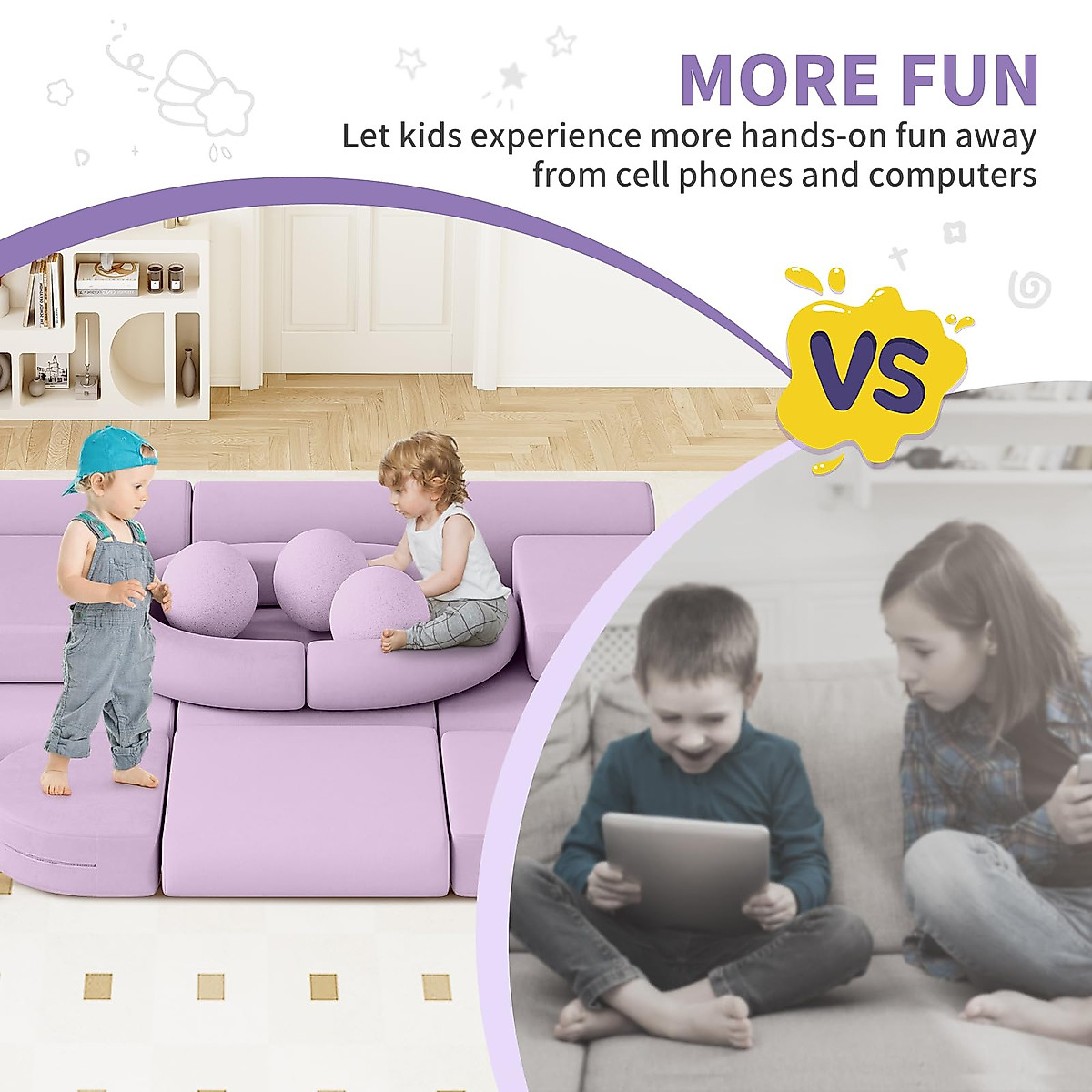 wanan Modular Kids Play Couch, 16PCS Kids Couch with Balls and Tunnel, Kids Couch for Playroom and Bedroom, Kids Modular Couch for Playing, Creativing, Modular Couch Kids (Blueberry)