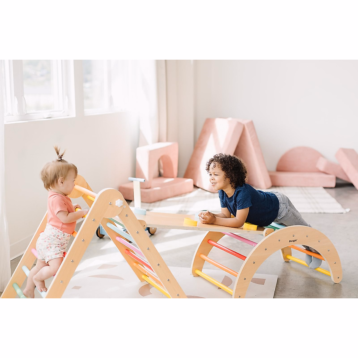 Beright 4 in 1 Pikler Triangle Gym, Montessori Foldable Climber with Ramp, Indoor Climbing Toys for Kids, Climbing Triangle for Toddlers Arch Climber, Rocker, Learning Waldorf Children Toy, Rainbow