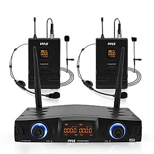 Compact UHF Wireless Microphone System - Pro Portable Dual Channel Desktop Digital Mic Receiver Set w/ 2 Belt-Pack Transmitter, Receiver, 2 Headset, Lavalier Mics, XLR, for Home, PA - Pyle PDWM2958B