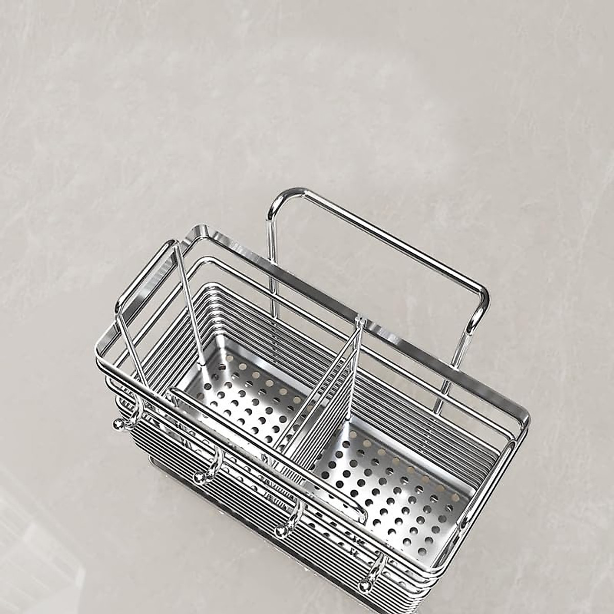 Sturdy 304 Stainless Steel Utensil Drying Rack, Basket Holder with Hooks 2 Compartments Draining Basket, Rust Proof, No Drilling,Kitchen Dish Drainer Dish Drying Rack