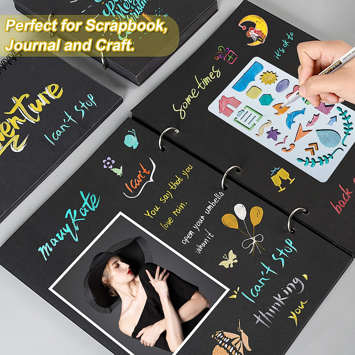 30 Pack Metallic Marker Pens, Lineon 24 Colors Fine Tip Paint Pens with 6 Stencils for DIY Craft Photo Album Rock Art Painting Card Making Glass Wood