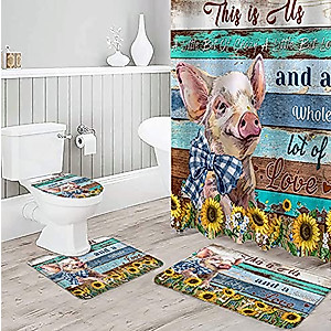 4 Piece Shower Curtain Sets Cute Rustic Farm Animals Pig on Wood Include Non-Slip Rug, Toilet Lid Cover, Bath Mat and Shower Curtain Waterproof with 12 Hooks for Bathroom