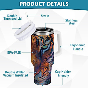 Msyxl 40 oz Insulated Stainless Steel Tumbler with Handle and Straw Lid - Leak-proof Coffee Mug for Men Women, Travel Mug Fits Cup Holder (Close-up Tiger Face)
