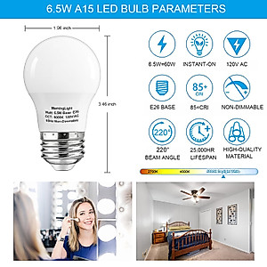 MorningLight 6 Pack A15 LED Bulbs 60W Equivalent, Non-Dimmable, Daylight 5000K, E26 Base, 6.5W 600 Lumens Bulb, A15 LED Light Bulbs for Ceiling Fan, Wall sconces, 25000+ Hours Lifespan