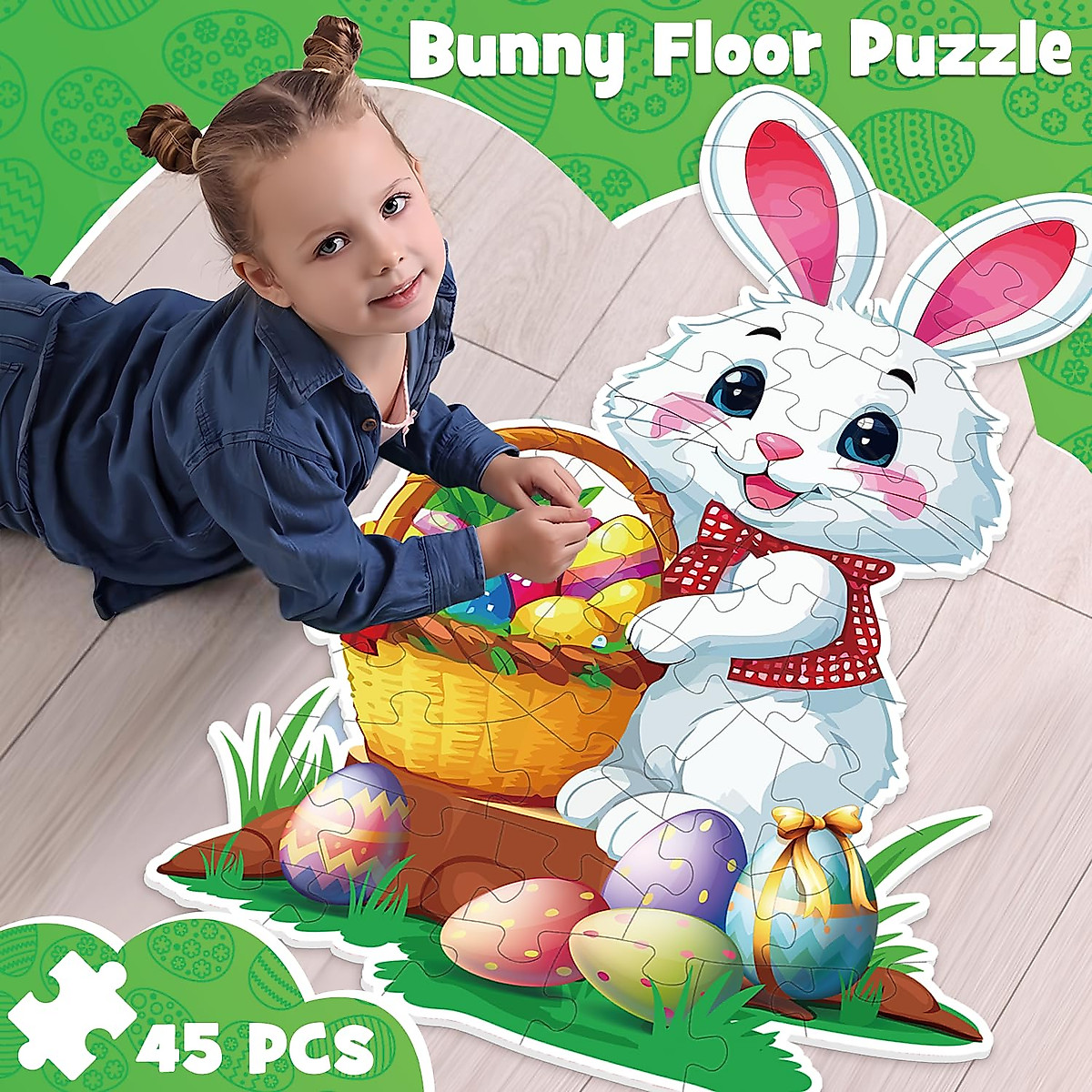 Easter Basket Stuffers for Toddlers Kids, 45PCS Bunny Floor Puzzle for Kids Age 4-8 Large Jigsaw Puzzles Easter Gifts for Boys Girls Egg Hunt