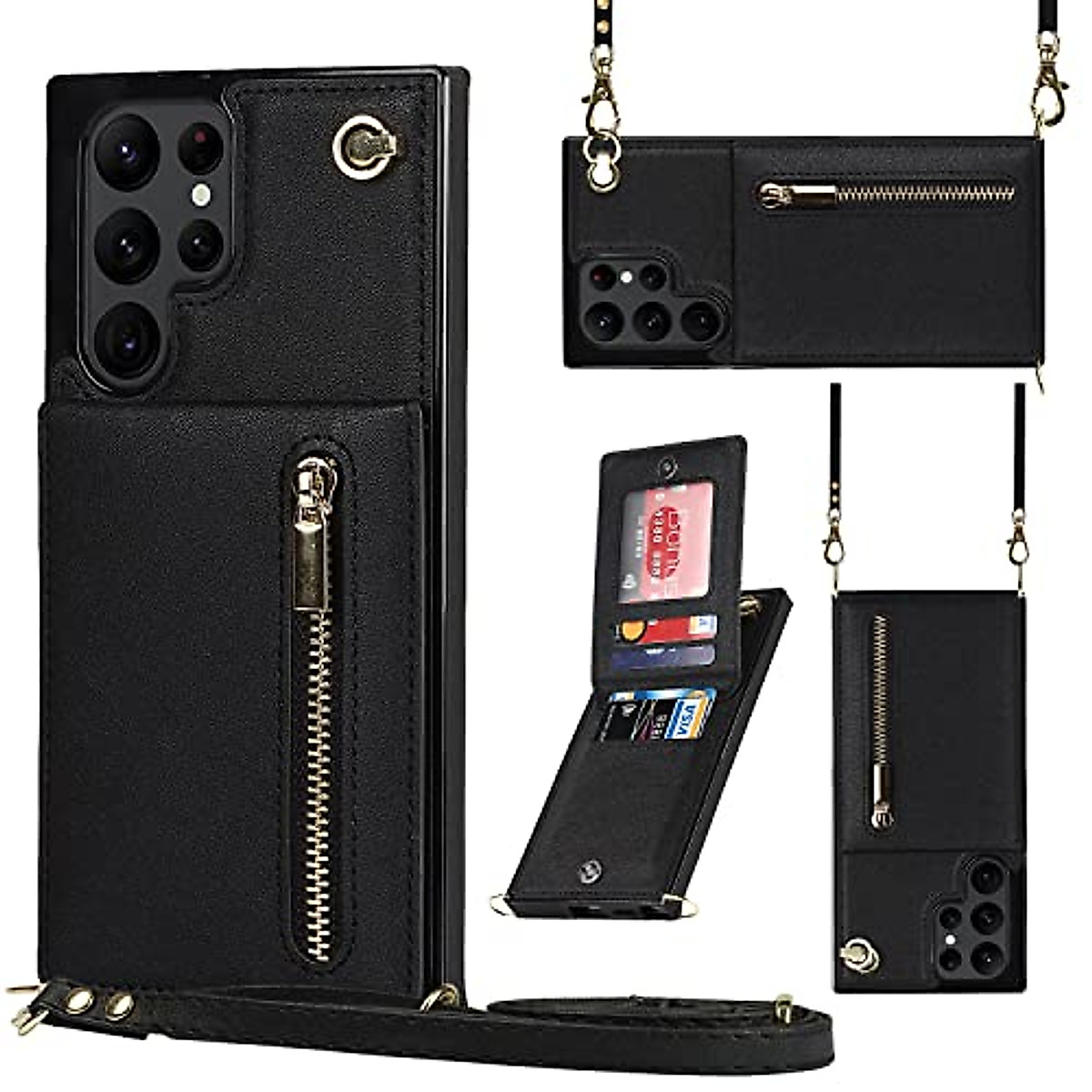 DEFBSC Wallet Case for Samsung Galaxy S22 Ultra,PU Lanyard Neck Strap Case with Kickstand Zipper Wallet Card Holder, Adjustable Detachable Necklace Phone Protective Back Cover-Black