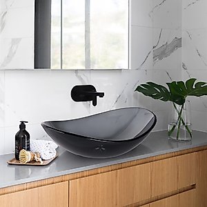 Aquaterior Oval Bathroom Vessel Sink Tempered Glass Vessel Sink Vanity Above Counter Top Mount Basin Clear Grey