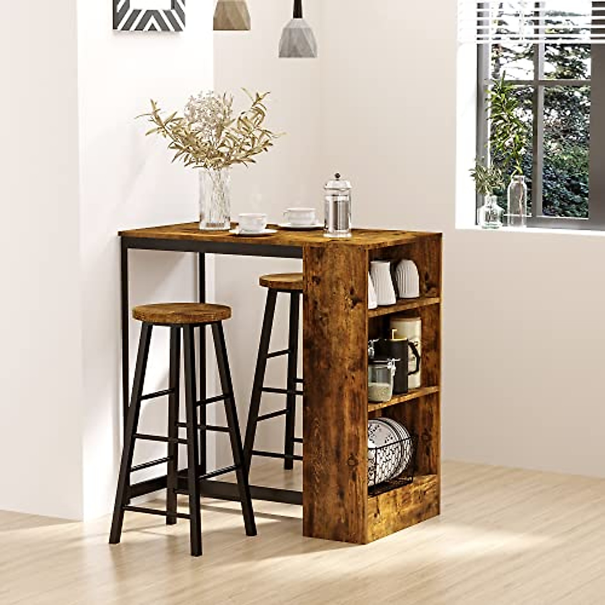 HOMCOM 3 Piece Industrial Dining Table Set, Counter Height Bar Table & Stools Set with Storage Shelf, Rustic Brown