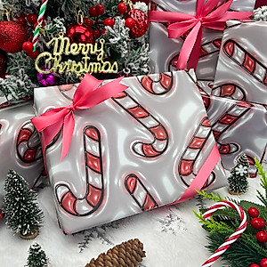 Dtiafu 3D Inflated Puff Candy Cane Wrapping Paper - Metallic Sliver Christmas Decoration - 6 Pcs Gift Wrapping Paper for Xmas Holiday