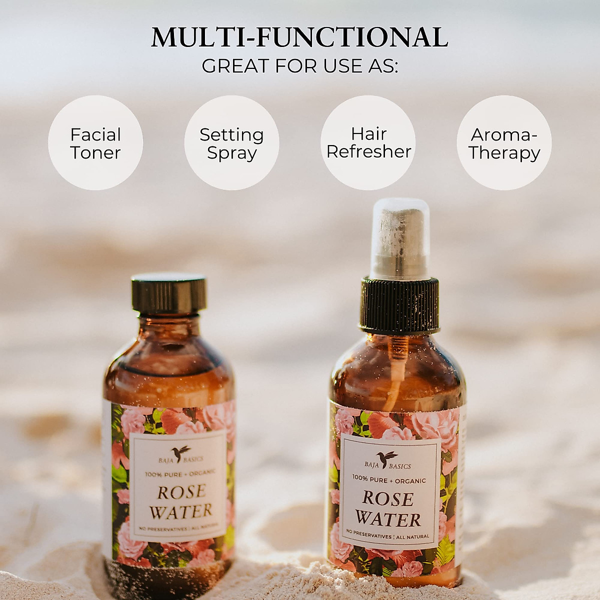 Baja Basics Rose Water Spray For Face, Body & Hair Hydrating Facial Toner, Refreshing, Soothing Mist Moisturizer for Dry Skin - Vegan Beauty Skincare Products - 4oz 2 Pack