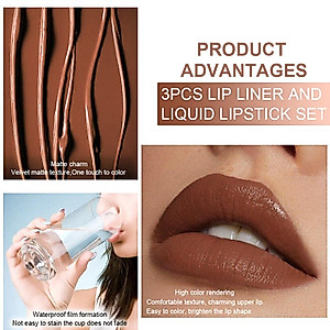 evpct 3Pcs Nude Brown Pink Dark Maroon Matte Lip Liner and Liquid Lipstick Sets for Dark Skin Black Women DNM Permanent Lipstick Lipliners Set 24 Hours Lip Stain Long Lasting Waterproof labiales mate