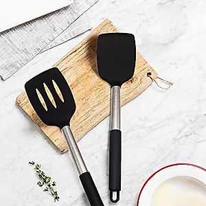 Silicone Spatula Heat Resistant Silicone Handle 2-Piece Set Black Slotted Turner Flexible Silicone Spatula Nonstick Turner Set for Fried Egg, Barbecue, Hamburg
