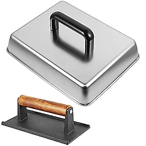 MOASKER 14 Inch Rectangular Melting Dome & Grill Press Kit for Blackstone Accessories, Stainless Steel Cheese Basting Cover and Cast Iron Bacon Burger Press for Flat Top Griddle Grill
