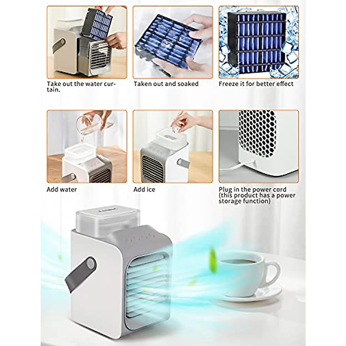 TANING Portable Air Conditioner, Personal Mini Air Cooler, 3 in 1 90° Automatic Head-Shaking Rechargeable Evaporative Air Cooler, 3 Fan Speed, 7 Colors LED Lights Cycle Gradient