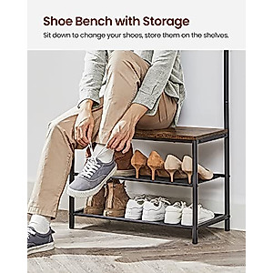 VASAGLE Hall Tree with Bench and Shoe Storage, Entryway Bench with Coat Rack Stand and Shoe Rack, 9 Removable Hooks, Top Bar, Fabric Shelves, Industrial, Rustic Brown and Black UHSR411B01