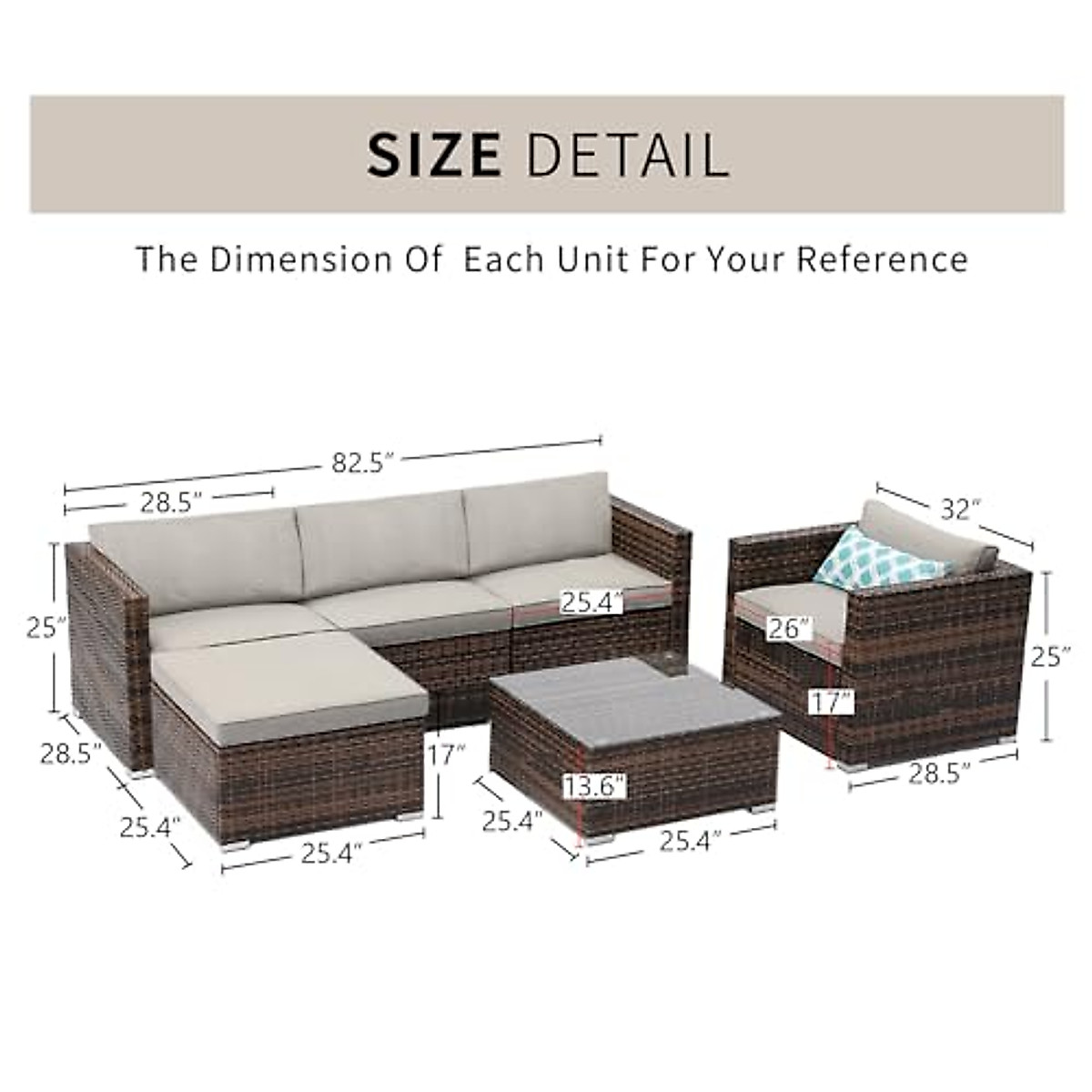 HOMPUS 6 Pieces Outdoor Furniture Set, All-Weather Patio Conversation Set Brown Handwoven Wicker w/Washable Gray Cushions, Glass Coffee Table, Modular Sectional Sofa Set for Backyard Garden Deck Pool