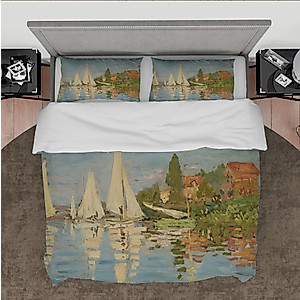 HOBBOY Claude Monet Painting Art 3 Pieces Duvet Cover Sets The Regattas at Argenteuil Printed Duvet Cover with Zipper 2 Pillowcases No Sheets Queen