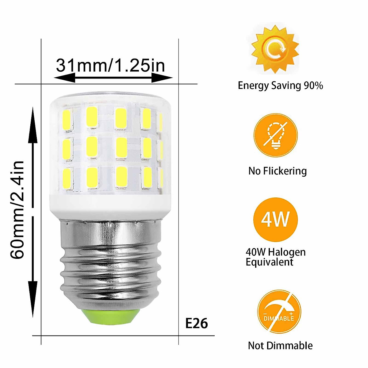 Refrigerator AC 100-265V 3.5W Replacement LED Light Bulb KEI D34L E26 40W Halogen Equivalent Lamp Daylight White 6000K 600Lm 4W Appliance T10 Kitchen Medium Screw Base Non-Dimmable Corn Bulbs 2 Pack