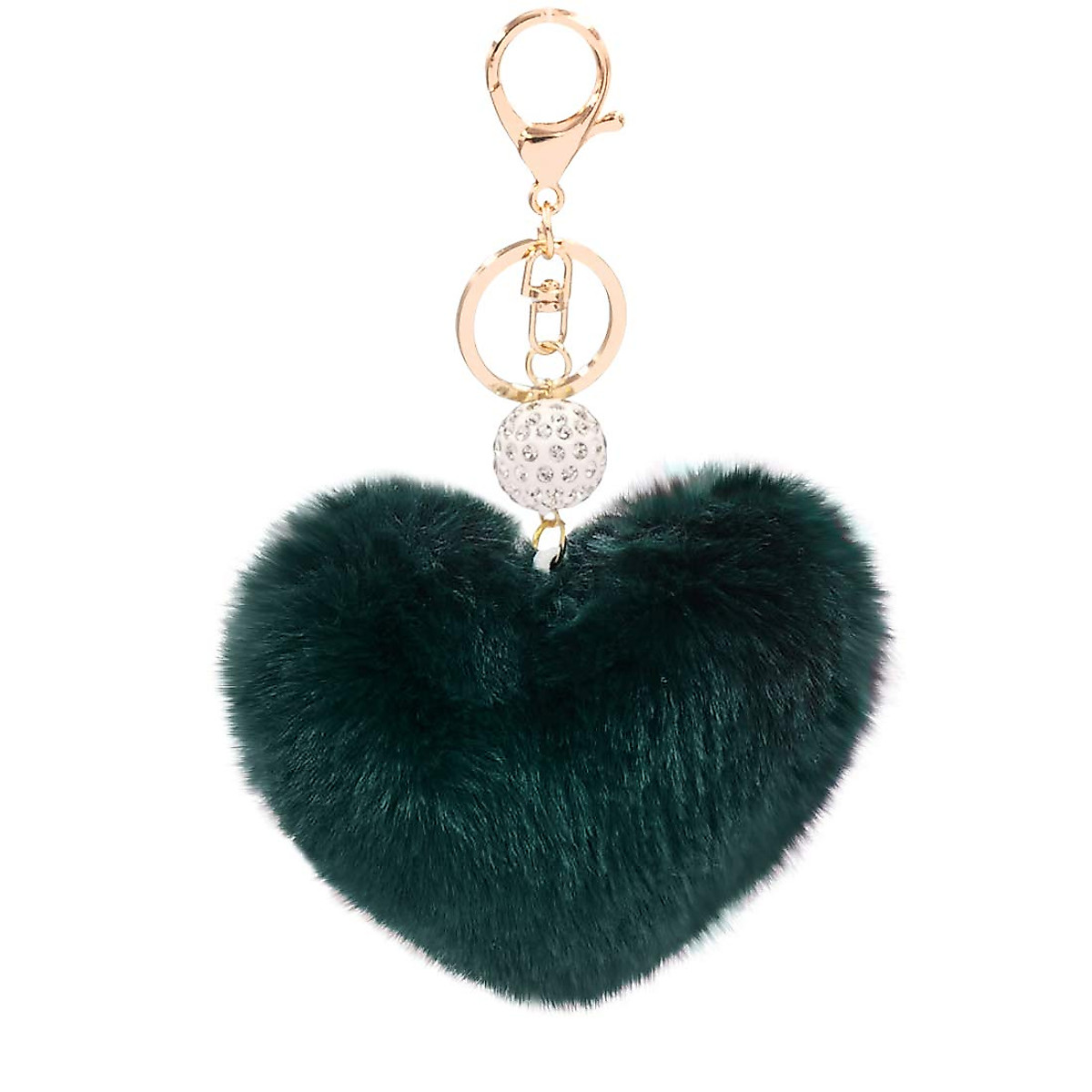 Women's Heart Faux Fur Pom Pom Key Chains Bag Accessory Puffball Keyring Backpack Charms for Girls(dark green)