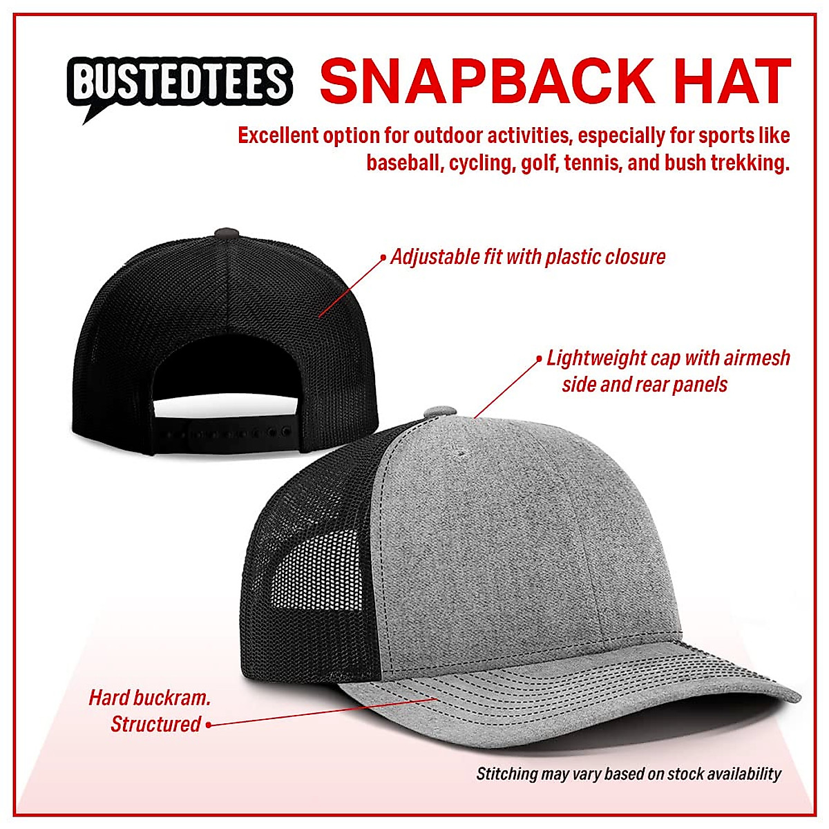 Imperial Officer - Cotton Snapback Hat - Breathable Mesh Side for Casual Wear & Outdoor Activities - Baseball Cap Women and Men (Heather Front/Black Mesh)