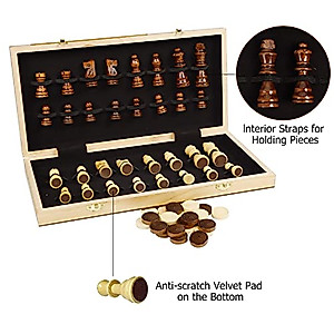 Juegoal 15" Wooden Chess & Checkers Set, 2 in 1 Board Games for Kids and Adults, with Felted Game Board Interior for Storage, Travel Portable Folding Chess Game Sets, Extra 24 Wooden Checkers Pieces