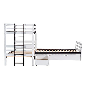 P PURLOVE Twin Over Twin & Twin Bed Bunk with Trundle, Drawer and Ladder, L-Shaped Bunk Bed Frame with Wooden Slat Support and Full-Length Guardrails, No Box Spring Needed (White)