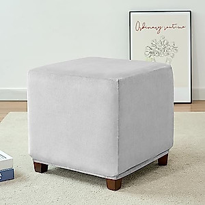 HFCNMY Ottoman Cover Square,Stretch Velvet Square Ottoman Cover Thick Ottoman Slipcover Square Washable Storage Ottoman Cover Foot Stool Cover with Elastic Bottom Light Gray Small
