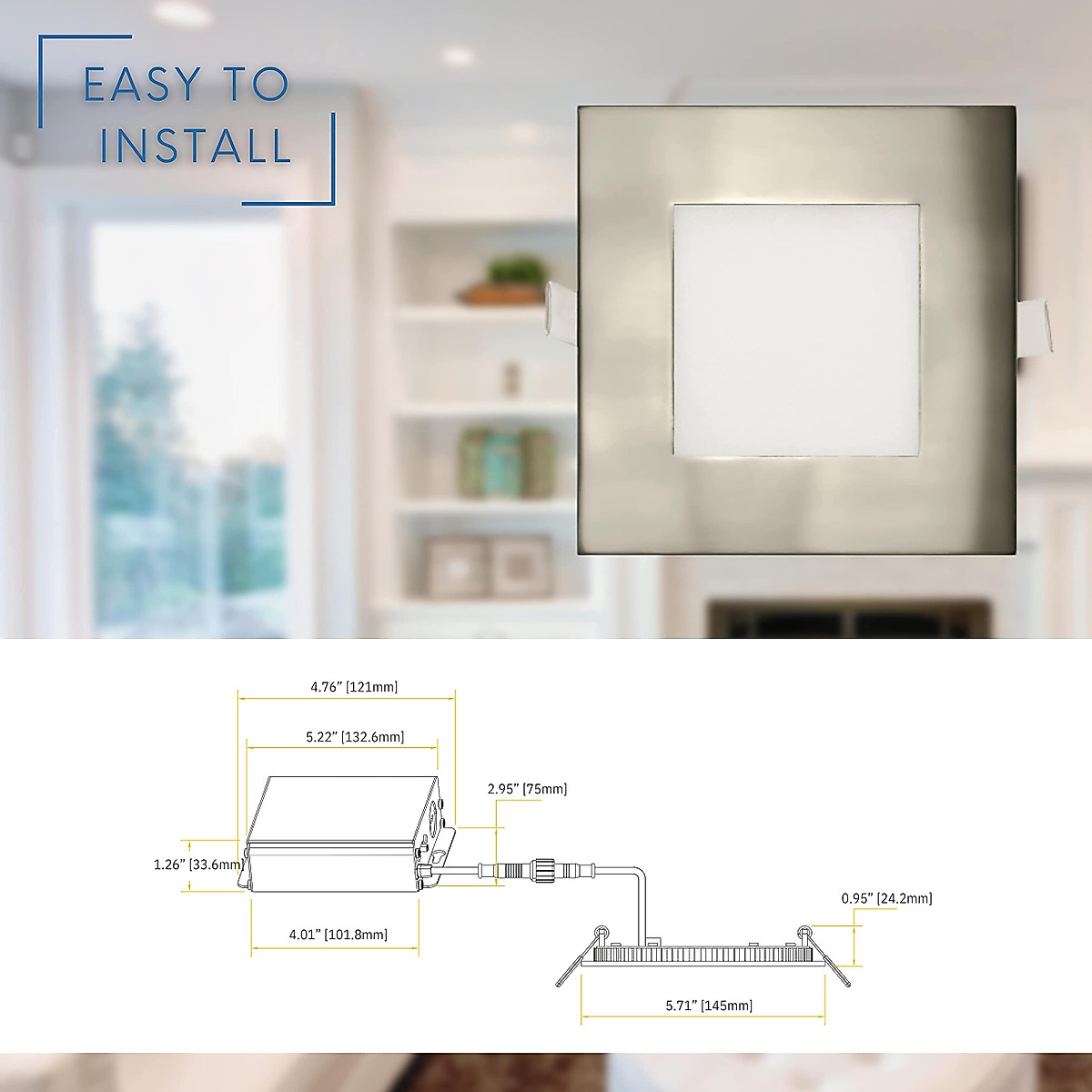 Perlglow 18 Pack 5 inch Slim Ultra-Thin Square Downlight Luminaire, Brushed Nickel, LED Recessed Light Fixtures Dimmable 15W=100W, 1100 Lumens, IC Rated, 5CCT Selectable 2700K|3000K|3500K|4100K|5000K