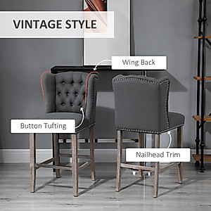 HOMCOM Counter Height Bar Stools Set of 2, Upholstered 26.75" Seat Height Barstools, Breakfast Chairs with Nailhead-Trim & Tufted Back, Wood Legs, Deep Grey
