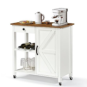 4 EVER WINNER Kitchen Island Cart on Wheel with Storage, 31" Farmhouse Island Table with Storage Drawer & Cabinet, Adjustable Shelf, Wine Rack,Rolling Small White Kitchen Coffee Cart for Dining Room