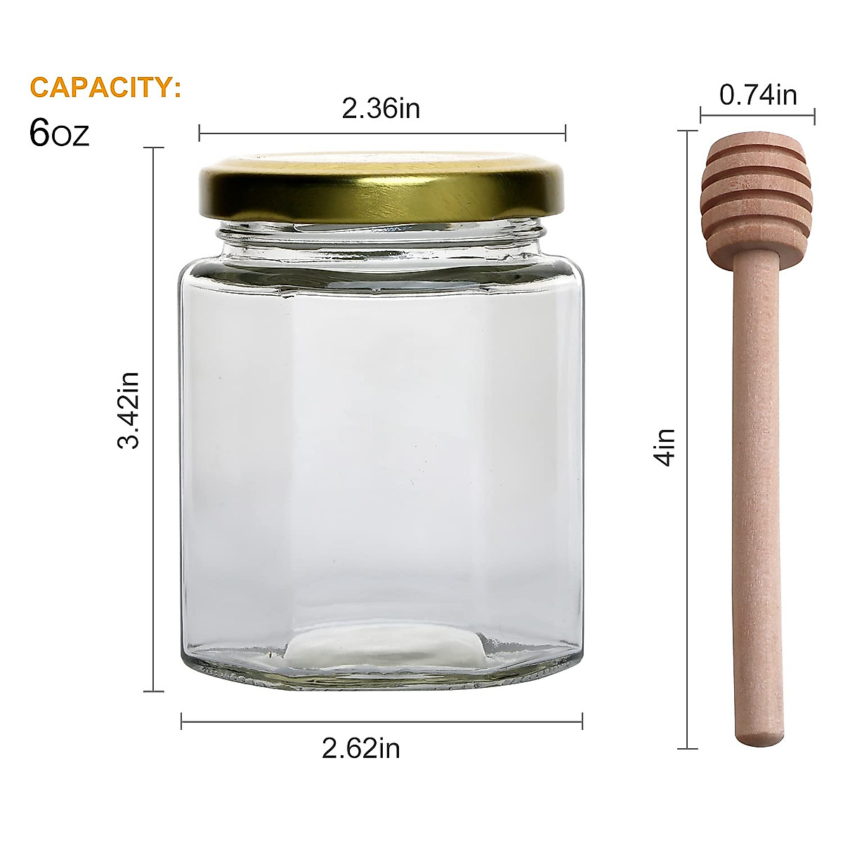 Woaiwo-q 6 oz Hexagon Glass Honey Jars, Glass Jars with Gold Lids,Bronzy Bee Pendants,Wooden Honey Sticks,Small Tags,1.5m Jute Twine -Clear Hexagon Jars for Honey,Jams, Liquid.(25 Pcs)…