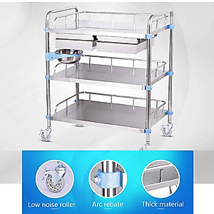 BBIJK Double-Layer Stainless Steel Trolley, Portable Trolley with Upper Drawer, Mobile Dressing Trolley with Wheels, Bearing 70k