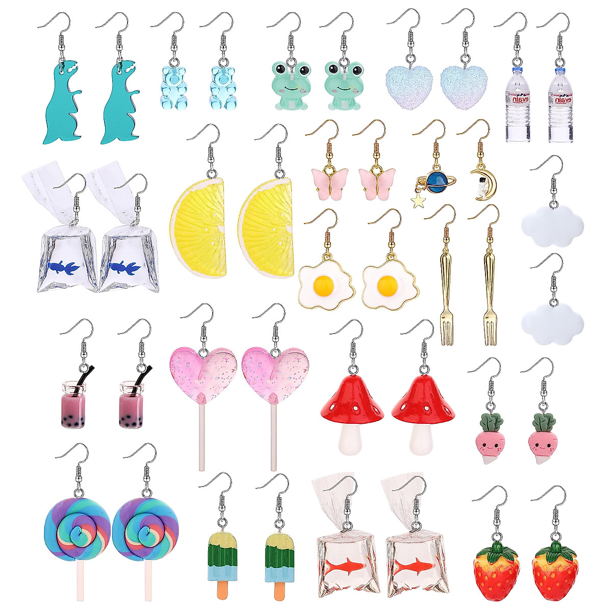 Subiceto 20 Pairs Weird Funny Earrings For Women Teens Gummy Bear Goldfish Water Bottle Mushroom Dinosaur Moon and Stars Strawberry Egg Cute Aesthetic Drop Dangle Earring Set