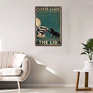 SKIYGTH Tin Sign Black Cat Please Close The Lid Bathroom Restroom Vintage Metal Tin Sign Retro Poster 8x12inch