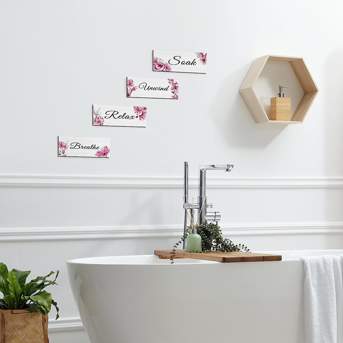 4 Pieces Bathroom Decor Relax Soak Unwind Breathe Wall Art Rustic Farmhouse Wooden Signs for Bathroom Home Spa Laundry Room (Pink)
