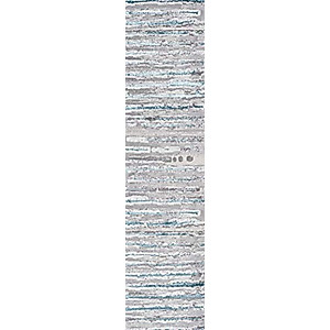 JONATHAN Y SOR204A-210 Batten Modern Stripe Indoor Area-Rug Contemporary Transitional Solid Striped Easy-Cleaning Bedroom Kitchen Living Room Non Shedding, 2 ft x 10 ft, Gray/Turquoise