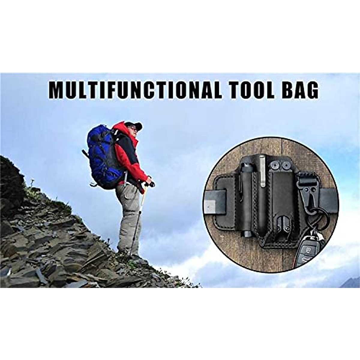 Frieyss Multitool Sheath for Belt, Leather EDC Pocket Organizer for Men, Leatherman Sheath with Pen Holder, Key Fob, Flashlight Sheath, EDC Leather Pouch