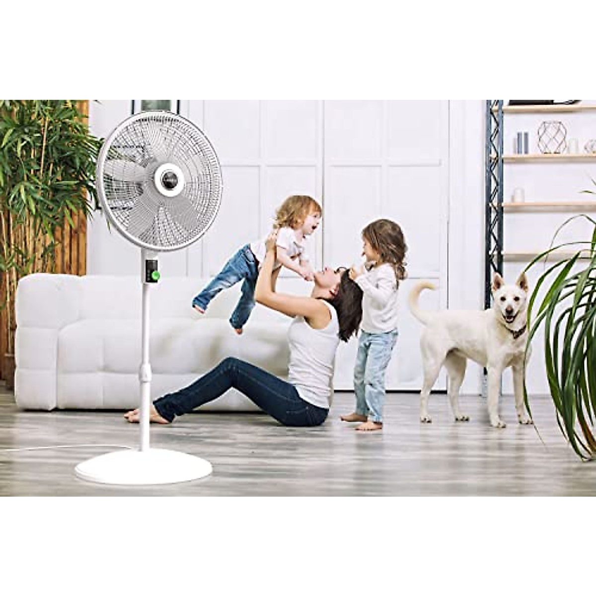 Lasko EcoQuiet Oscillating Pedestal Fan with Whisper Quiet DC Motor, 12 Speeds, 8 Hour Timer, Adjustable Height, Remote Control, White, S18705, Large
