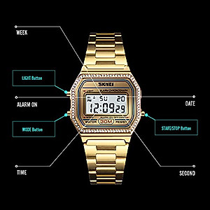 PASOY Men's Digital Gold Stainless Steel Watch Backlit Multifunction Stopwatch Waterproof Sport Watches (Gold with Crystal Bezel)