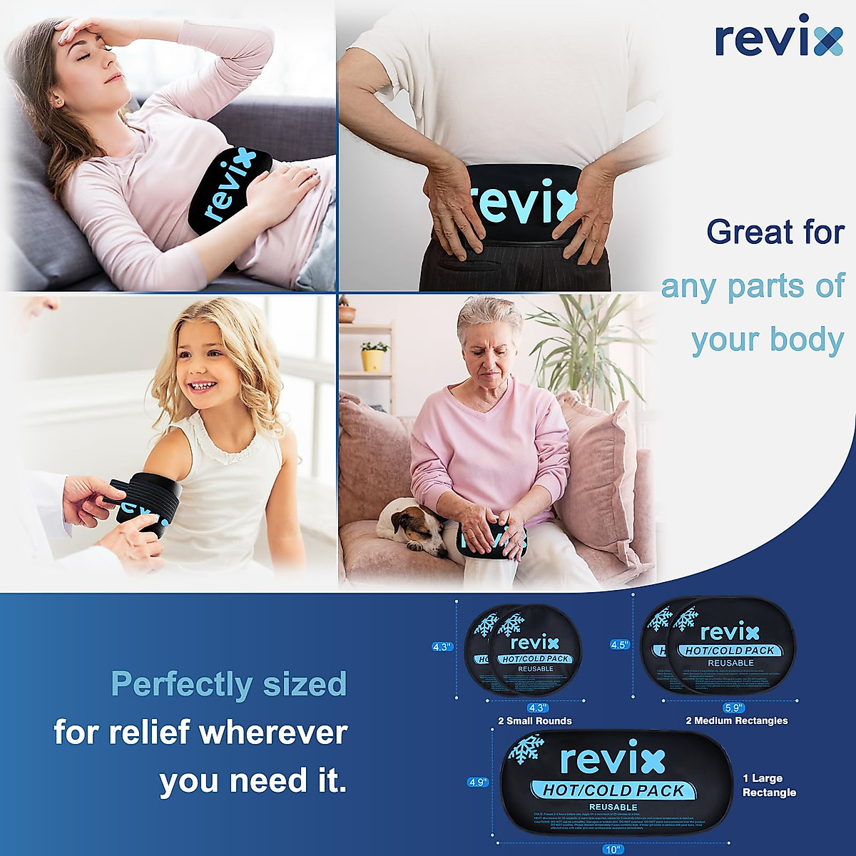REVIX Ice Packs for Injuries Reusable, 5-Piece Set Hot and Cold Gel Ice Pack for Joints, Muscle, Post-Workout Recovery, Adjustable and Flexible Cooling Pads for Knees, Back, Arms and Neck