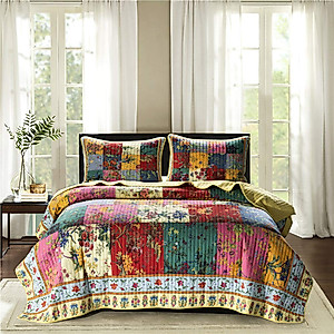 Quilt Set Queen Size Cotton Bedspread Coverlet Floral Plaid Patchwork Bedding Home Lightweight Floral Quilts Reversible Bedspread Cotton Quilt Collection Bedding Colorful Floral Quilt with Shams