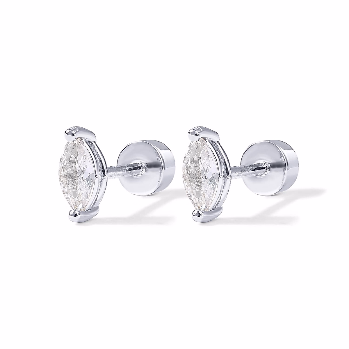 PAVOI Rhodium Plated Solid 925 Sterling Silver Post Cubic Zirconia Flat Back Earrings for Women | Marquise Cartilage Earring | Helix Piercing Jewelry | Small Stud Earrings