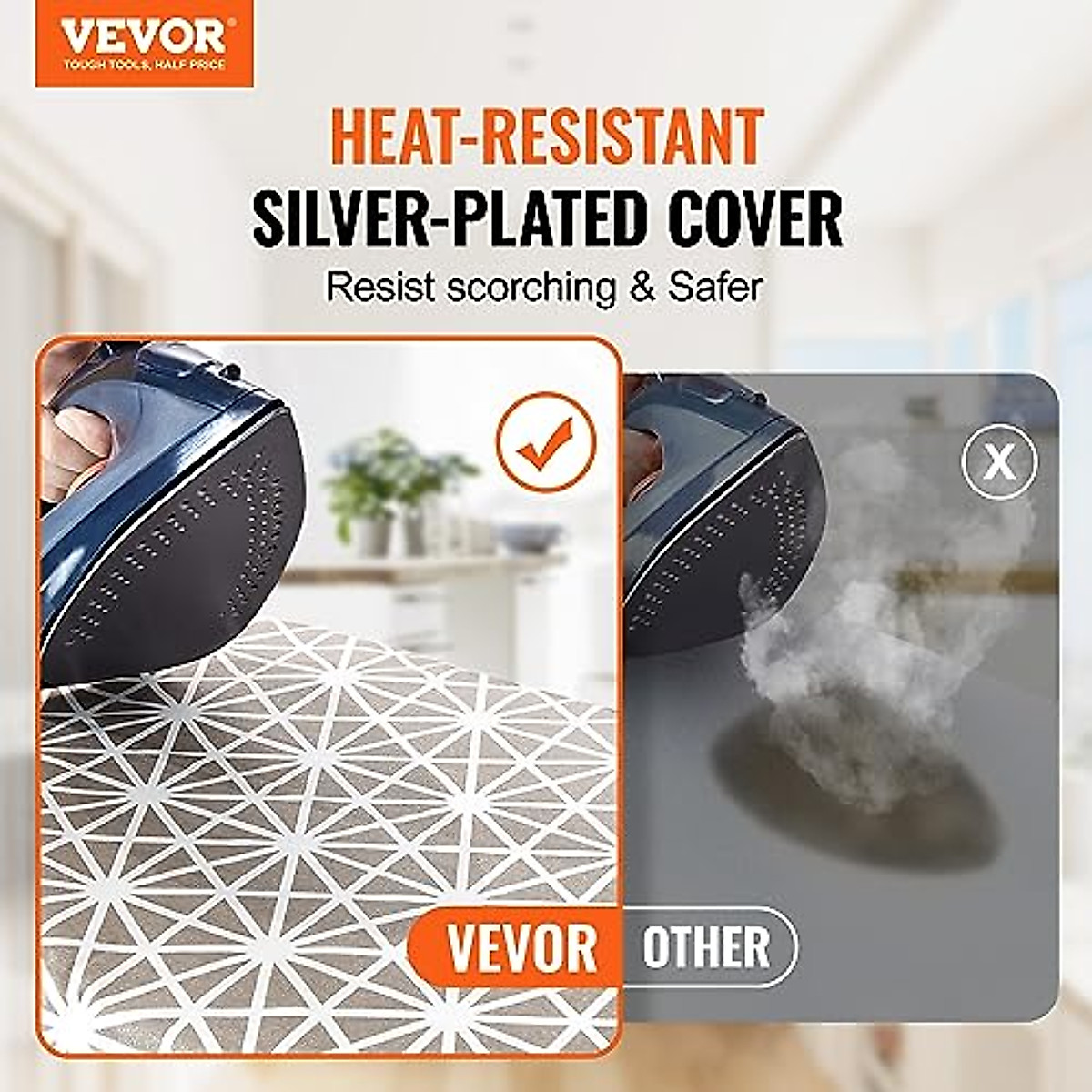 VEVOR Ironing Board with Large 51 x 13 Ironing Surface, Thickened 4 Layers Iron Board with Heat Resistant Cover and 100% Cotton Cover, 7 Adjustable Heights Ironing Board for Home Laundry Room Use