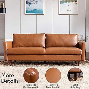 Dreamsir 80'' Faux Leather Sofa, Mid-Century Modern Loveseat Couch with Solid Wooden Frame & Padded Cushions, 3-Seater Sofa Couch for Living Room, Apartment, Lounge Room (Brown)