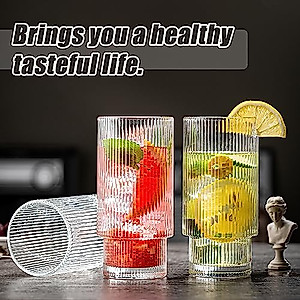 wookgreat Drinking Glasses, 16oz Origami Style Glass Cups with straw, 12 pcs Highball Glasses, Elegant Ripple Vintage Glassware, Ribbed Glasses, Iced Coffee Glasses Ideal for Cocktail Whiskey, Juice