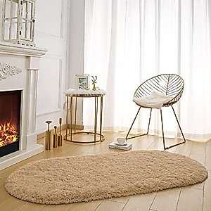 Goideal Oval Shaggy Bedroom Rug 2.6 x 5.2 Feet Fluffy Area Rugs for Girls Boys Kids Room Nursery Floor Carpet Home Decoration, Light-tan