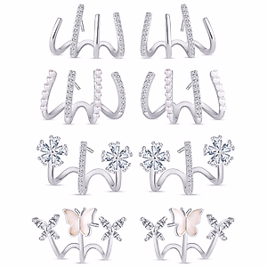 Tornito 4 Pairs Claw Ear Cuffs Zircon Pierced Needle Stud Earrings Minimalist Ear Wrap Butterfly Pearl Piercing Claw Earrings for Women Silver Tone